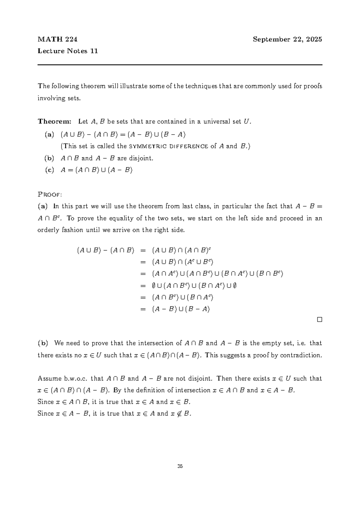 MATH 224 Lecture Notes 11: Theorems on Set Operations - Studocu