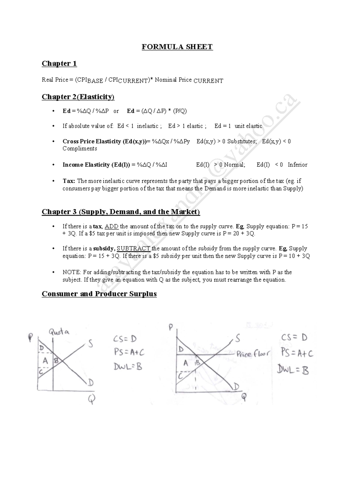 Online Final Formula Sheet for ECON 101: Price Elasticity & Market ...