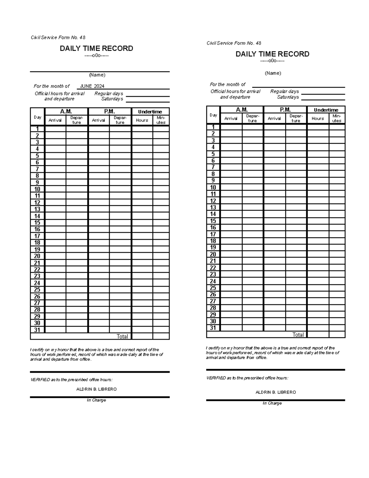 Annex D Daily TIME Record - Civil Service Form No. 48 DAILY TIME RECORD ...