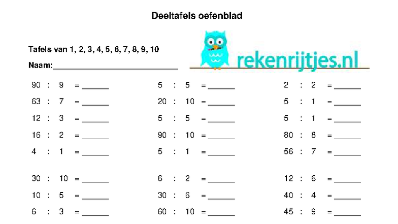 Deeltafels Oefenblad - Tafels van 1 t/m 10 en Deelsommen - Studocu