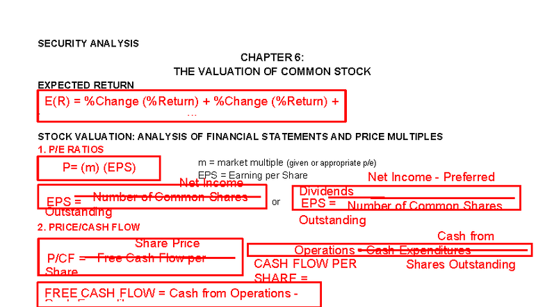 SECURITY ANALYSIS FINALS FORMULA: COMMON STOCK VALUATION & RATIOS - Studocu