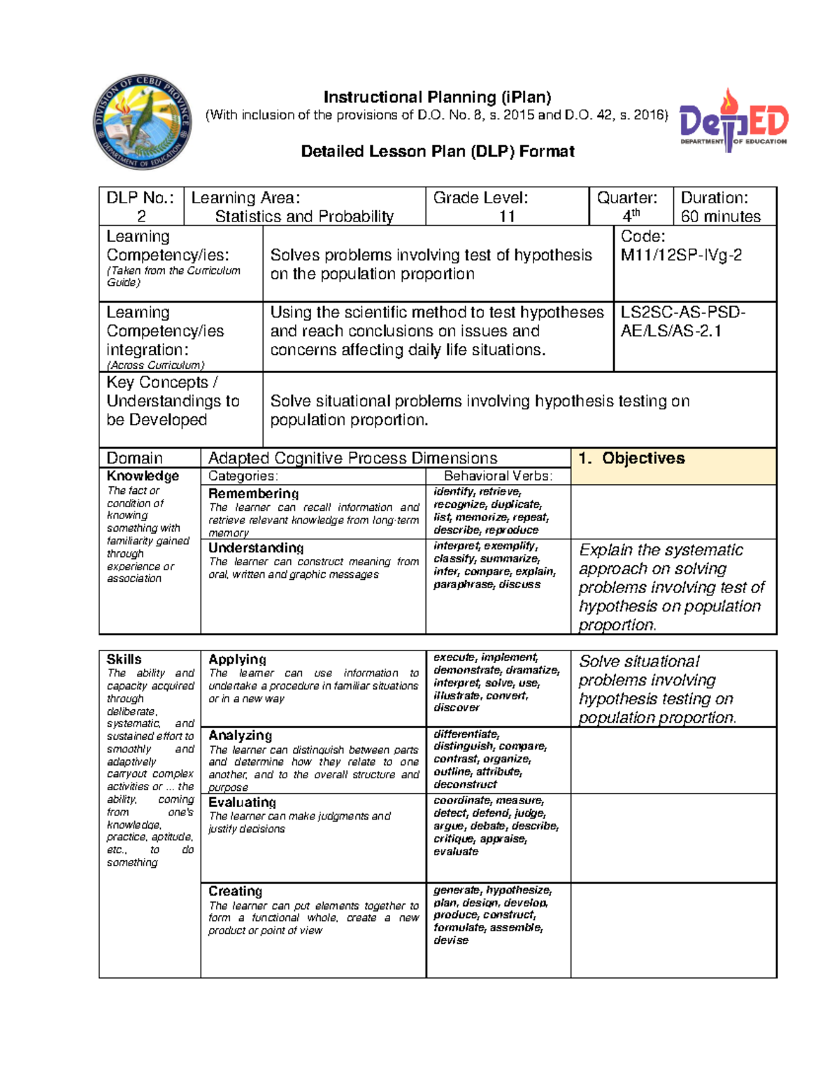 Detailed Lesson Plan (DLP) on Hypothesis Testing in Statistics (STATS ...