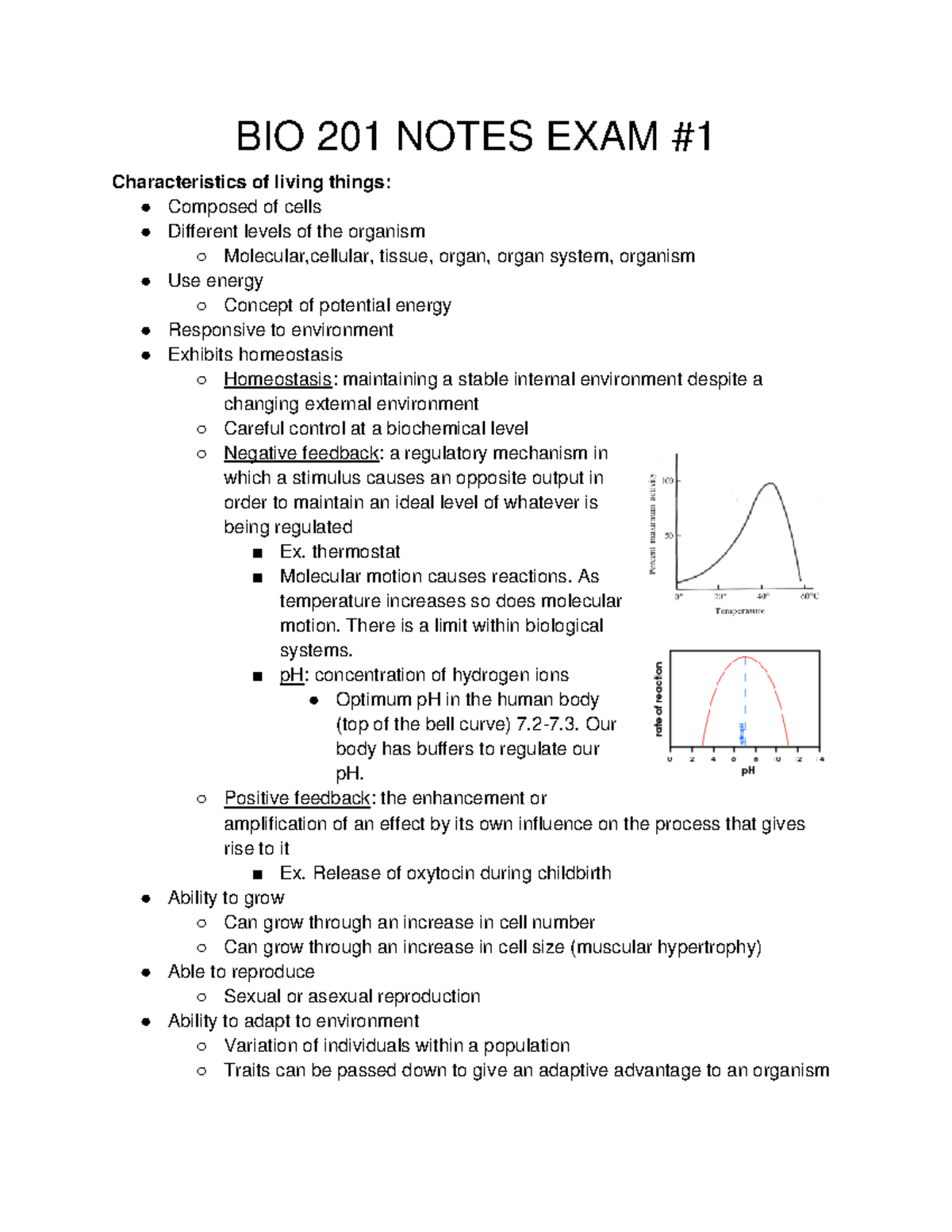 BIO 201 Exam #1 Study Notes: Characteristics of Living Organisms - Studocu