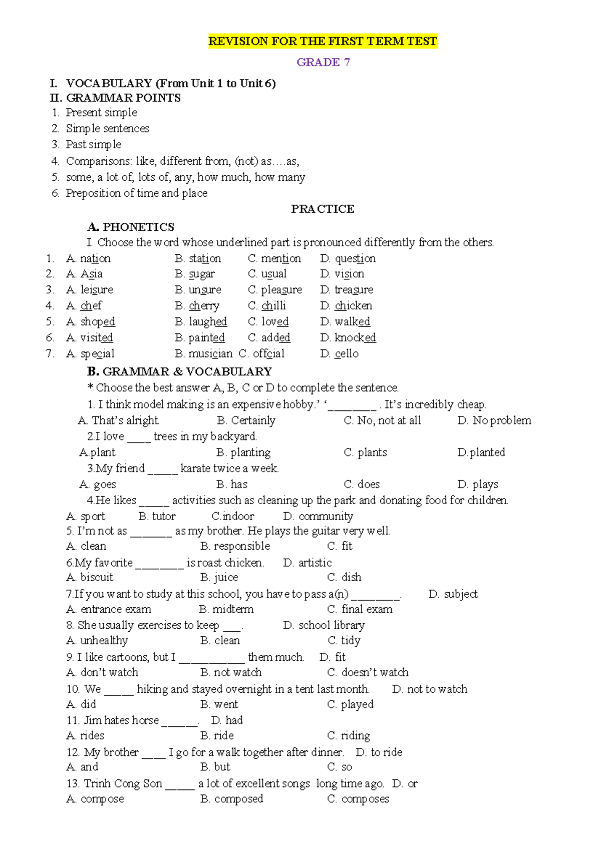 Revision for Grade 7 English Term Test (Units 1-6) - Studocu