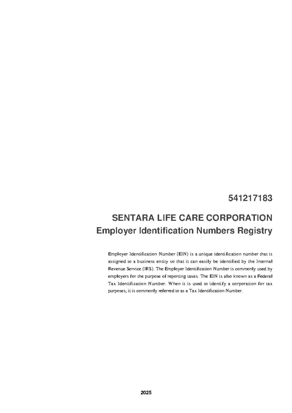 541217183 - SENTARA LIFE CARE CORP EIN Registry Overview - Studocu