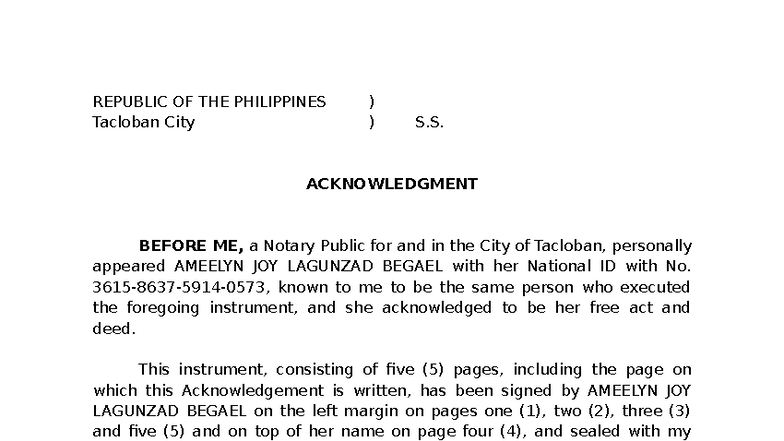 Acknowledgment Sample - Notary Public Document (2024) - Studocu