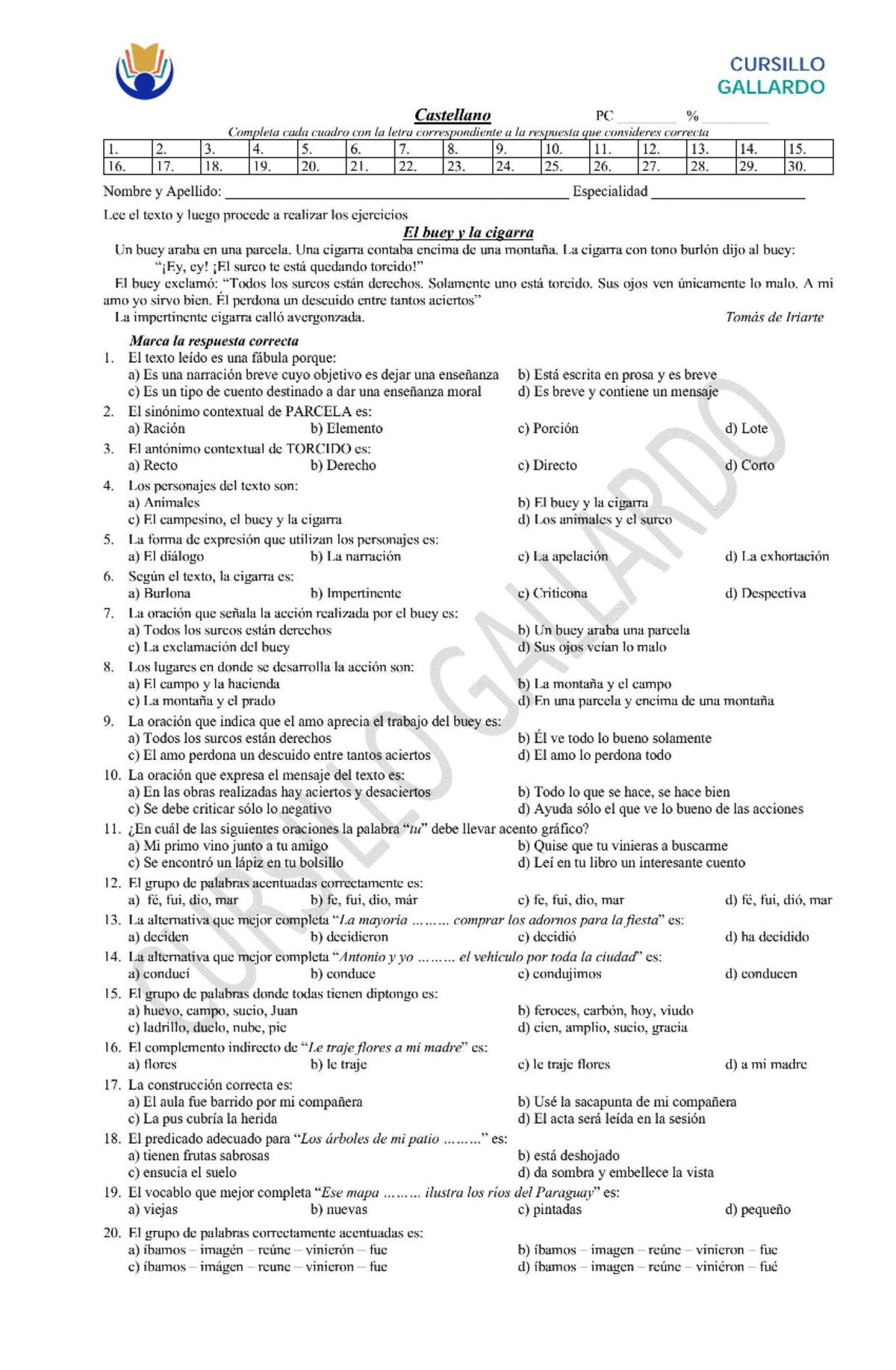 Examen de Selección Múltiple: El Buey y la Cigarra (Castellano PC ...
