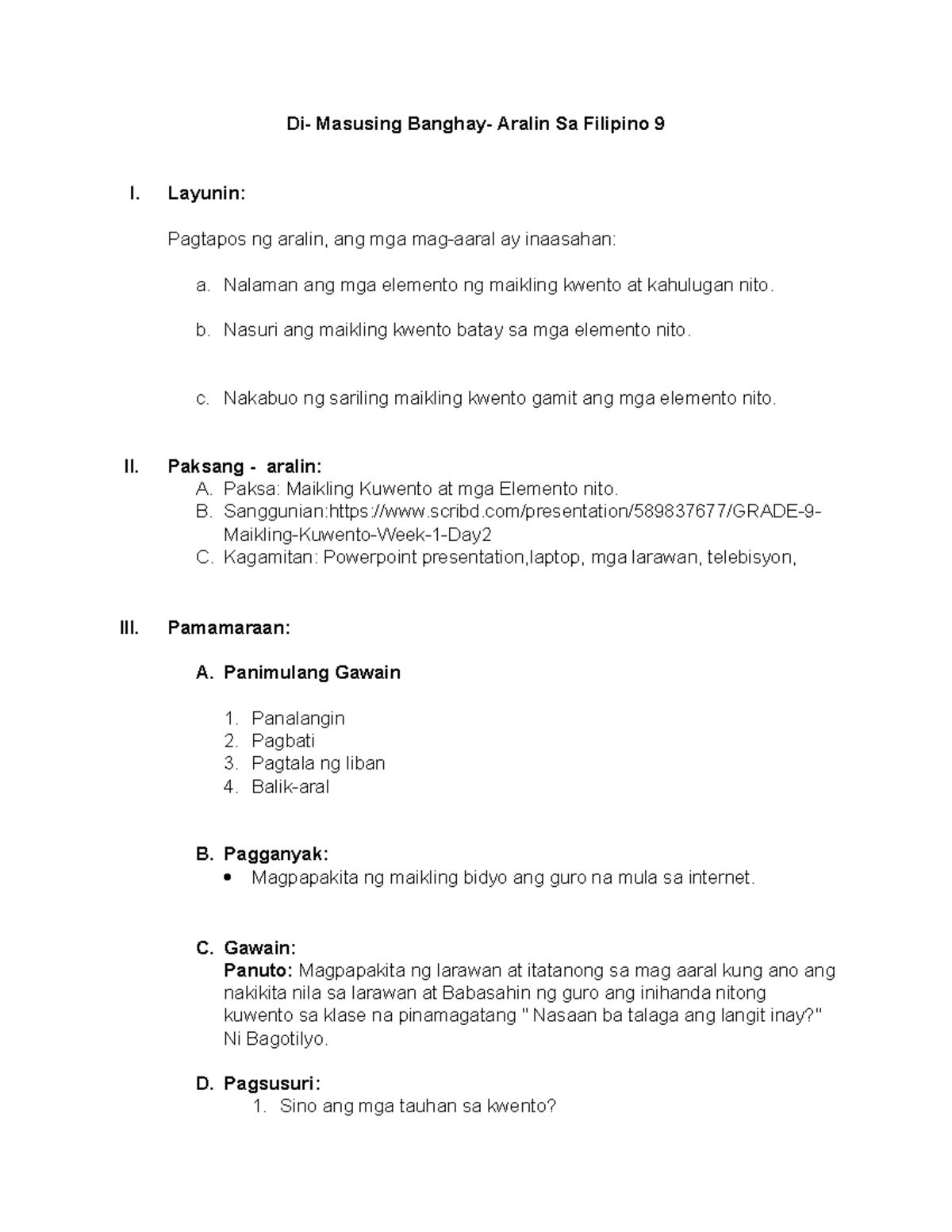 Maikling Kuwento Lesson Plan para sa Filipino 9: Banghay Aralin - Studocu