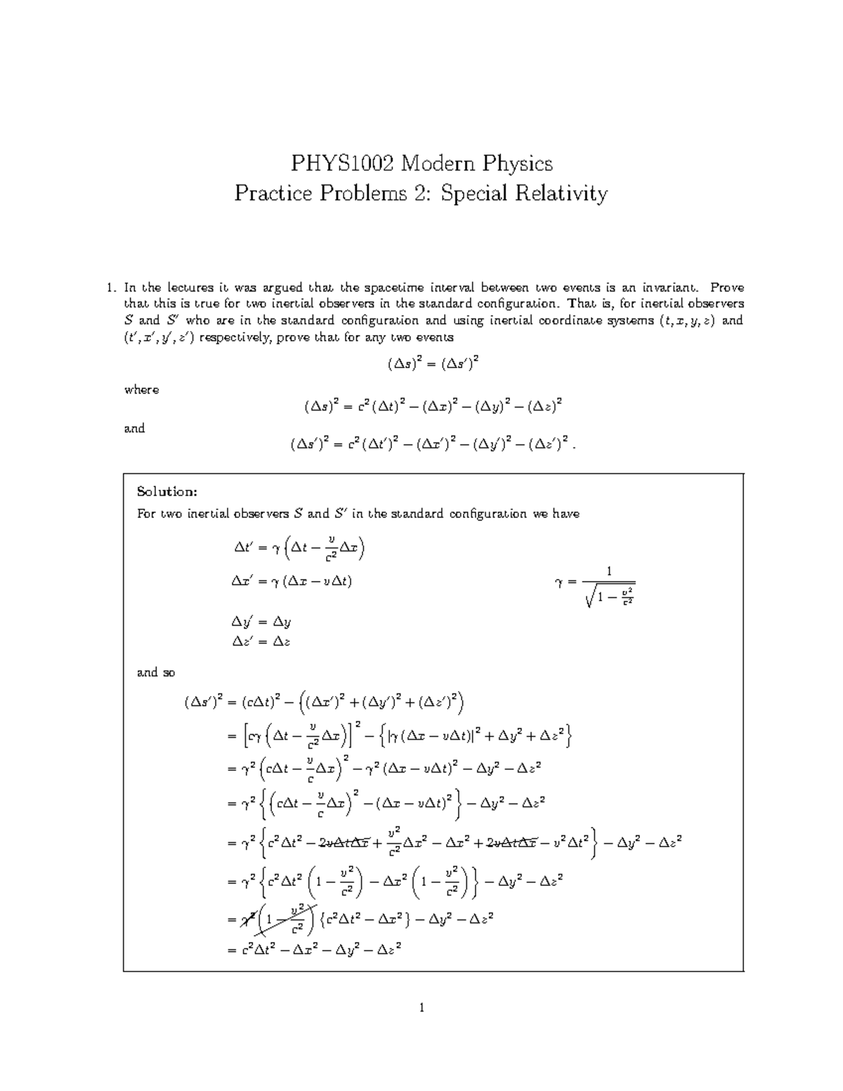 PHYS1002 Practice Problems 02: Special Relativity Solutions SEM 2 2025 - Studocu