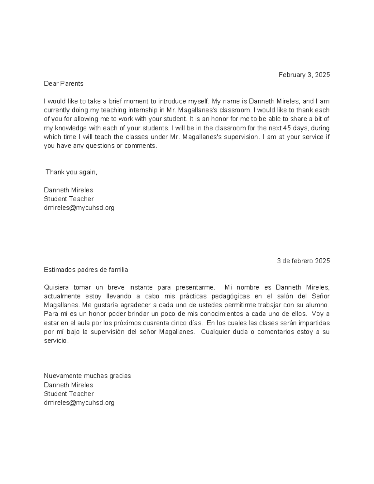 Letter to Parents from Student Teacher Danneth Mireles - Studocu