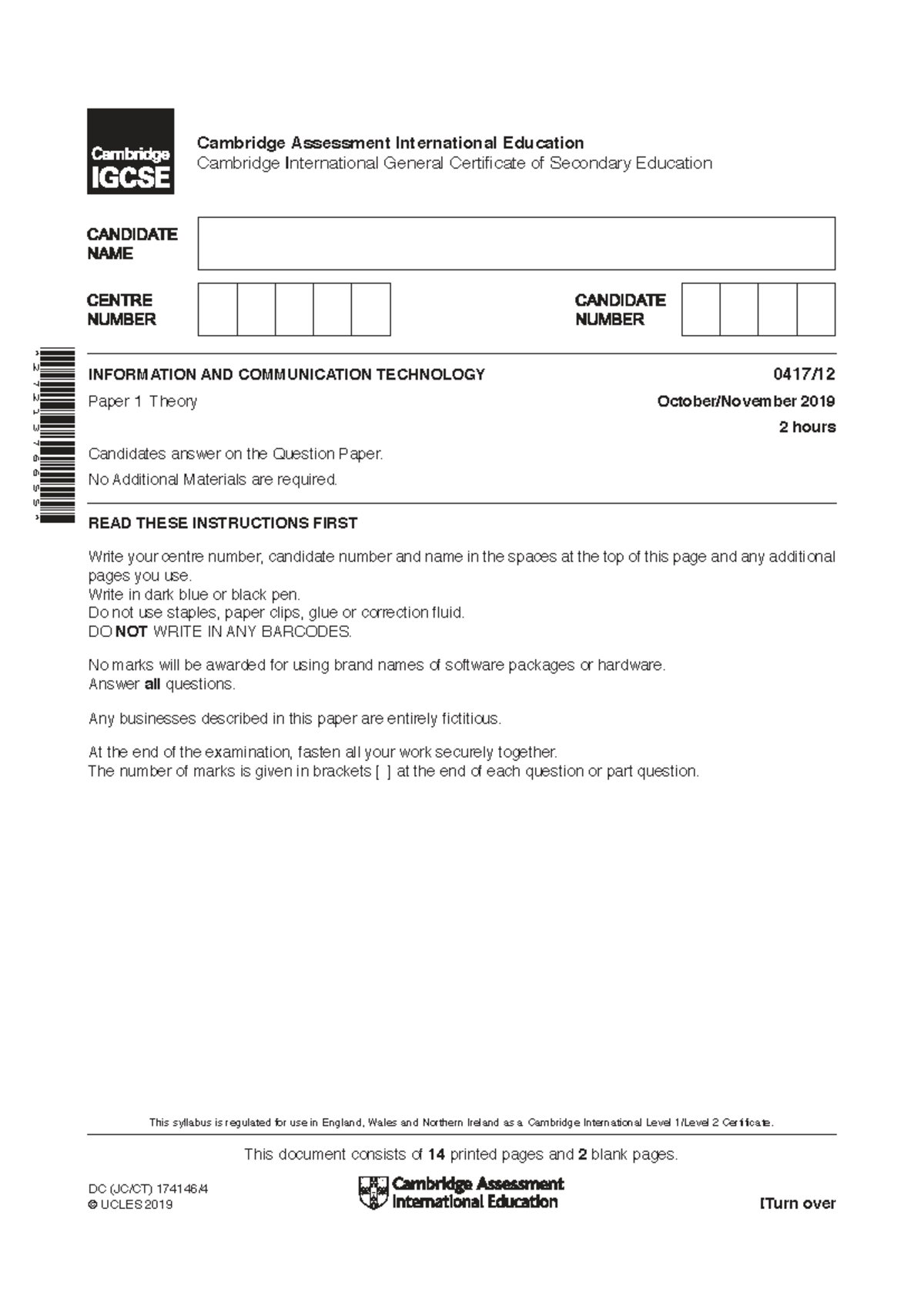 IGCSE ICT Paper 1 2019 question paper - This document consists of 14 ...