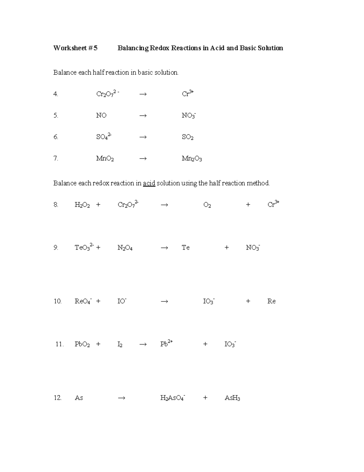 Unit 4 Practice: Balancing Redox Reactions in Acid & Base - Studocu