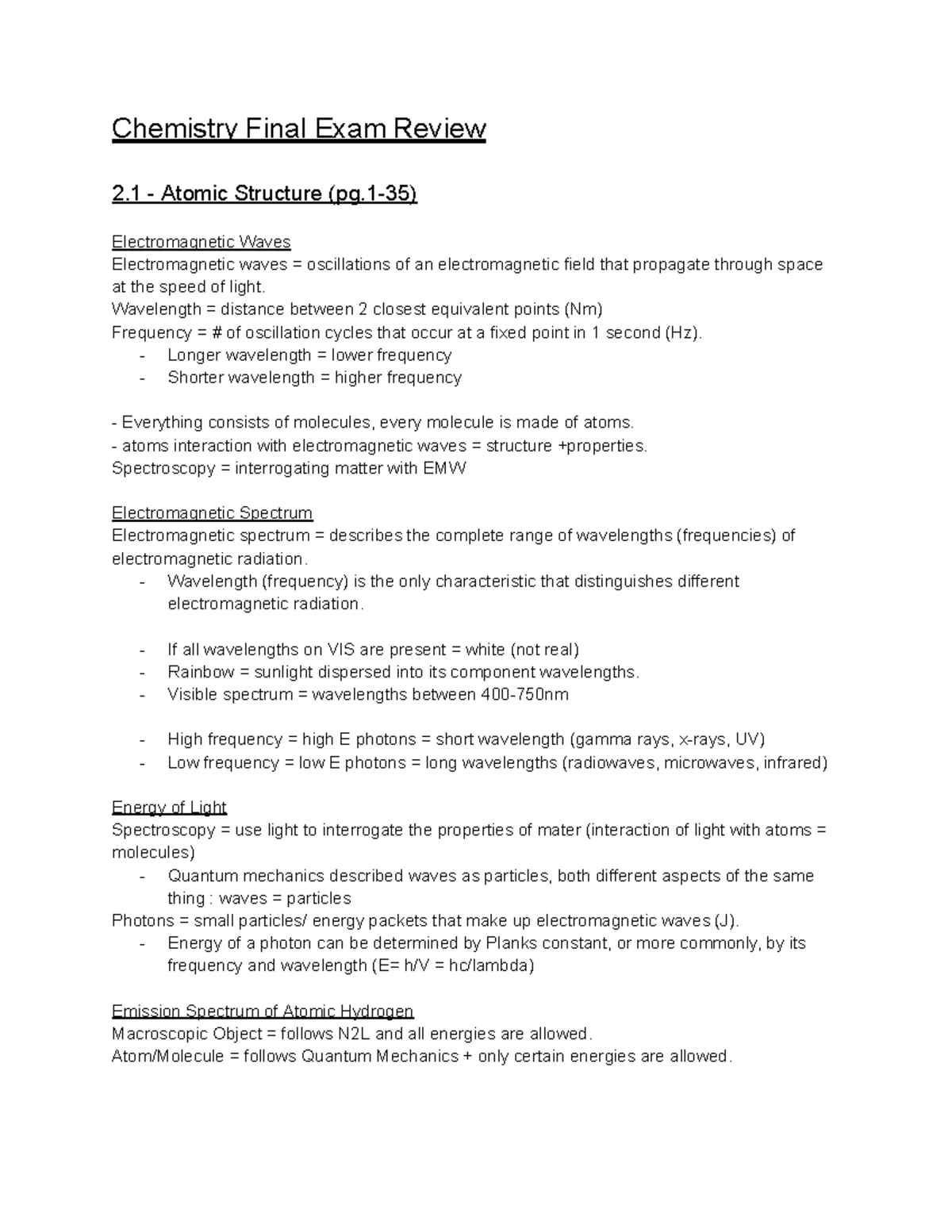 Chemistry Final Exam Review: Atomic Structure & Electromagnetic Waves ...
