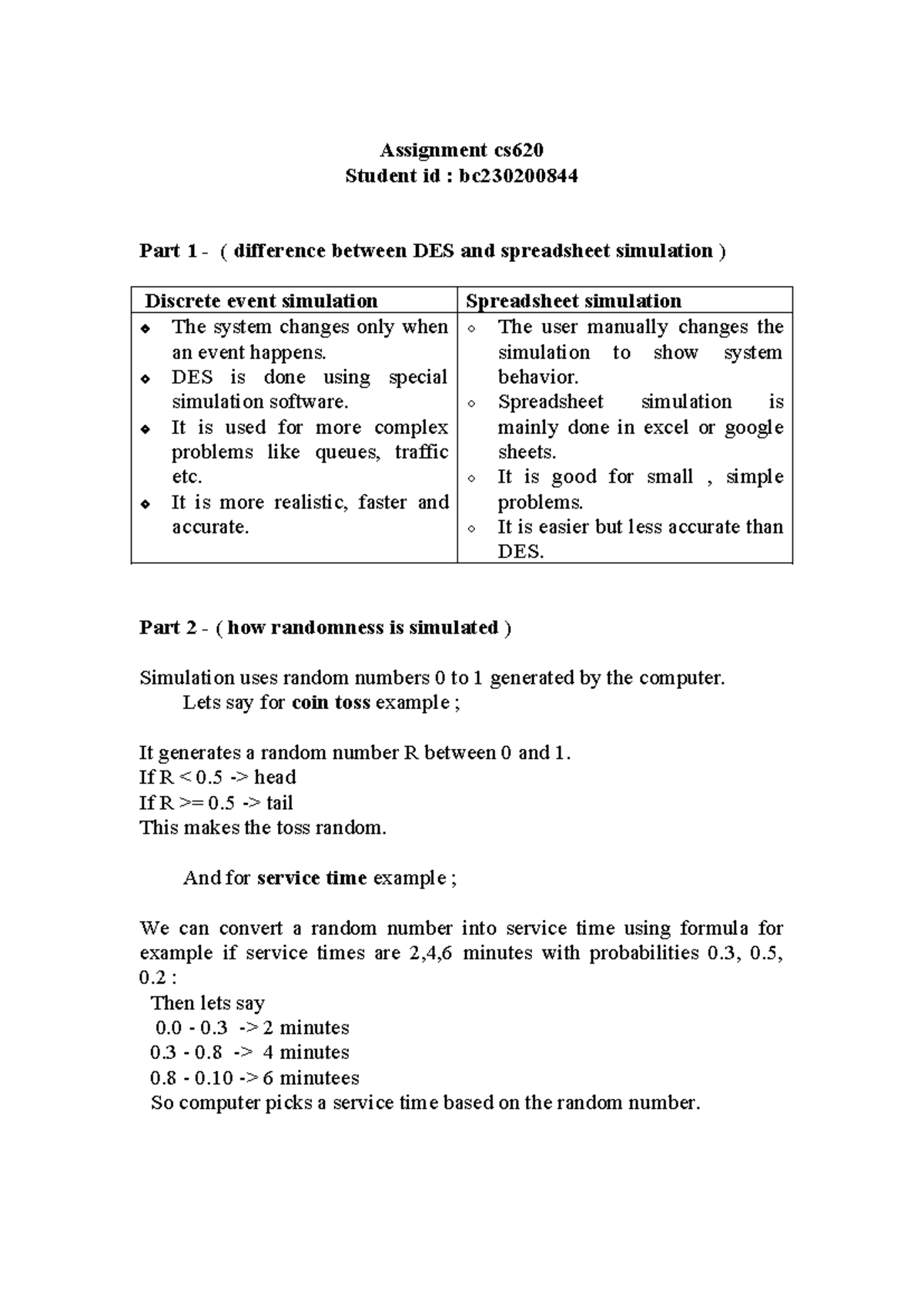 CS620 Assignment: DES vs. Spreadsheet Simulation & Randomness - Studocu