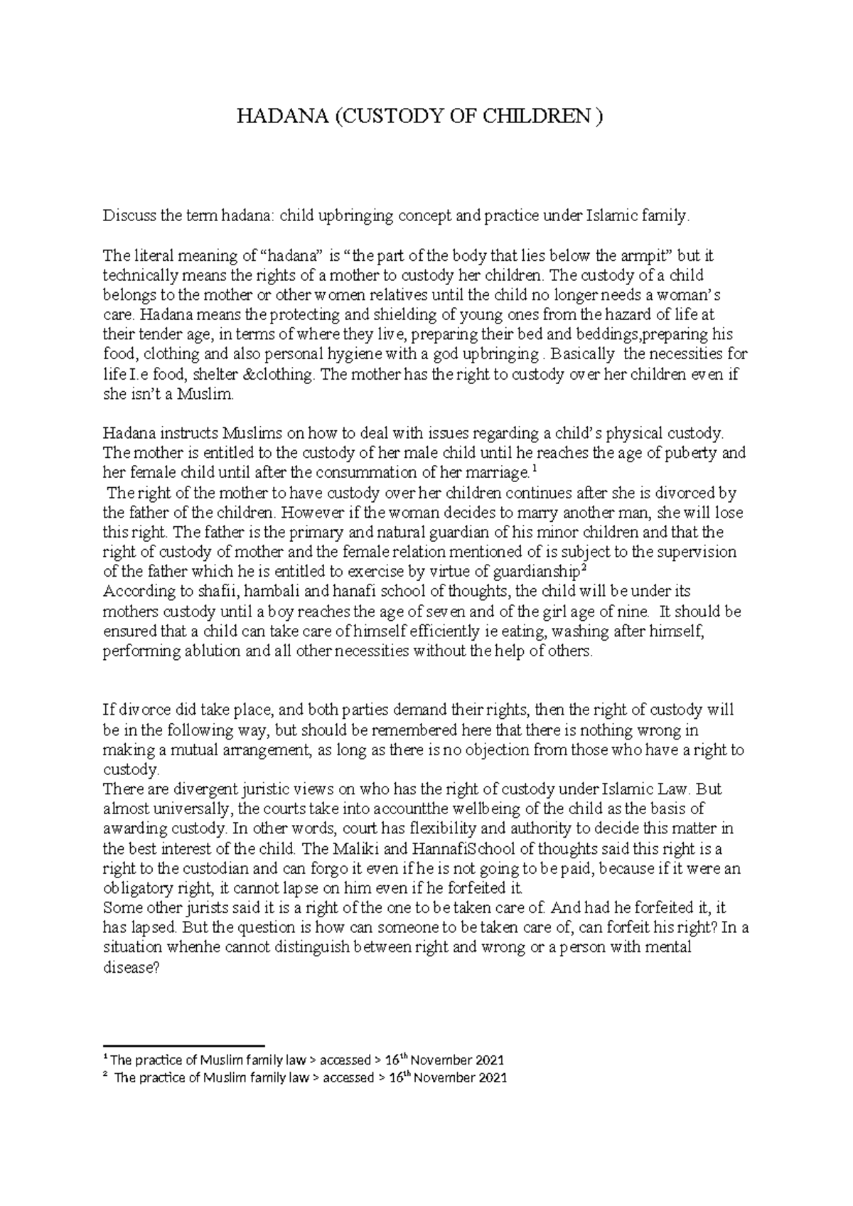 Document - Paper on hadanah - HADANA (CUSTODY OF CHILDREN ) Discuss the ...