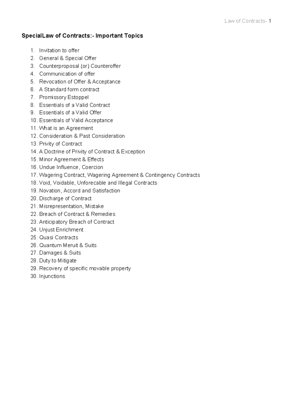 Law of Contracts-1: Key Topics and Concepts Overview - Studocu