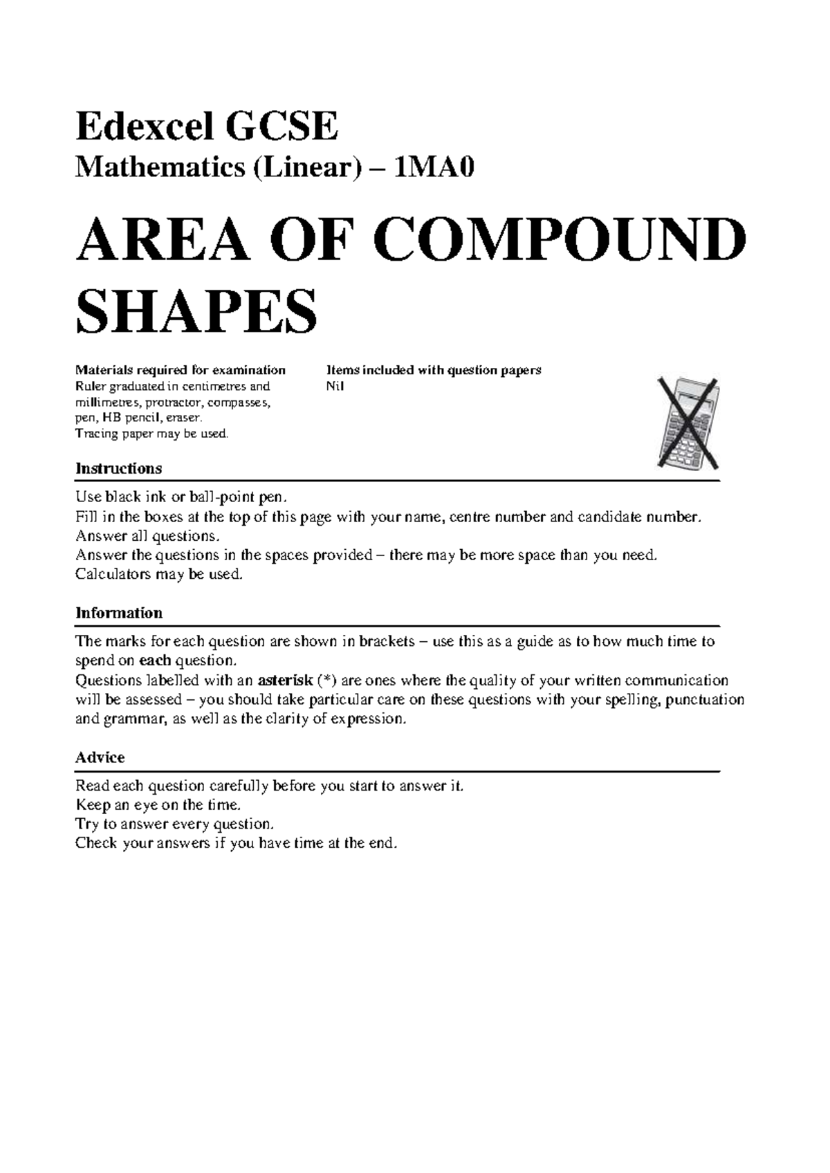 Edexcel GCSE Maths 1MA0 Final Exam: Area of Compound Shapes - Studocu
