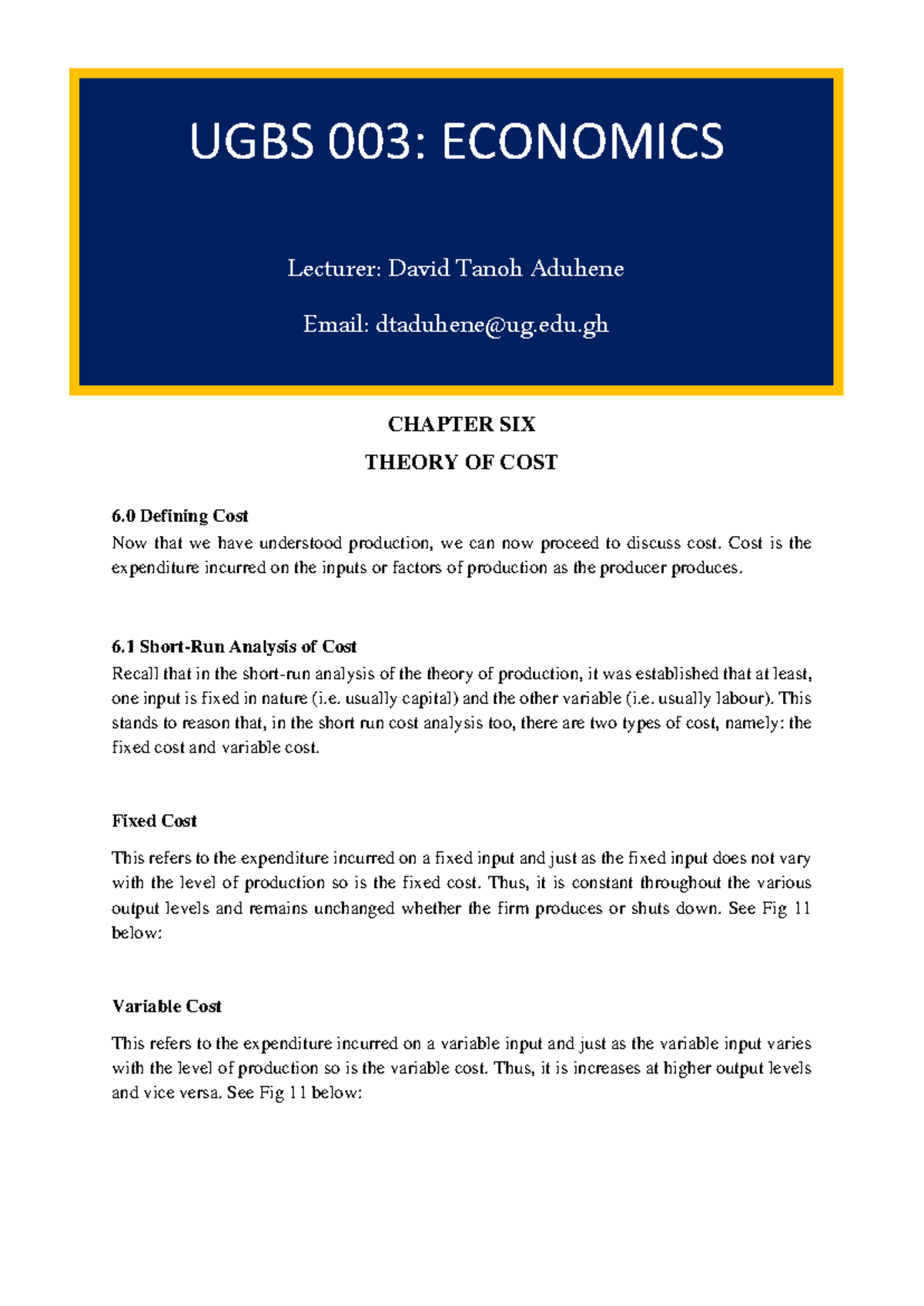 UGBS 003: Economics Chapter 6 - Theory of Cost Analysis and ...