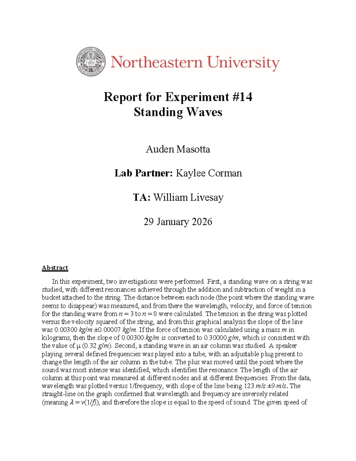 PHYS1148 Lab Report: Standing Waves Experiment Analysis - Studocu