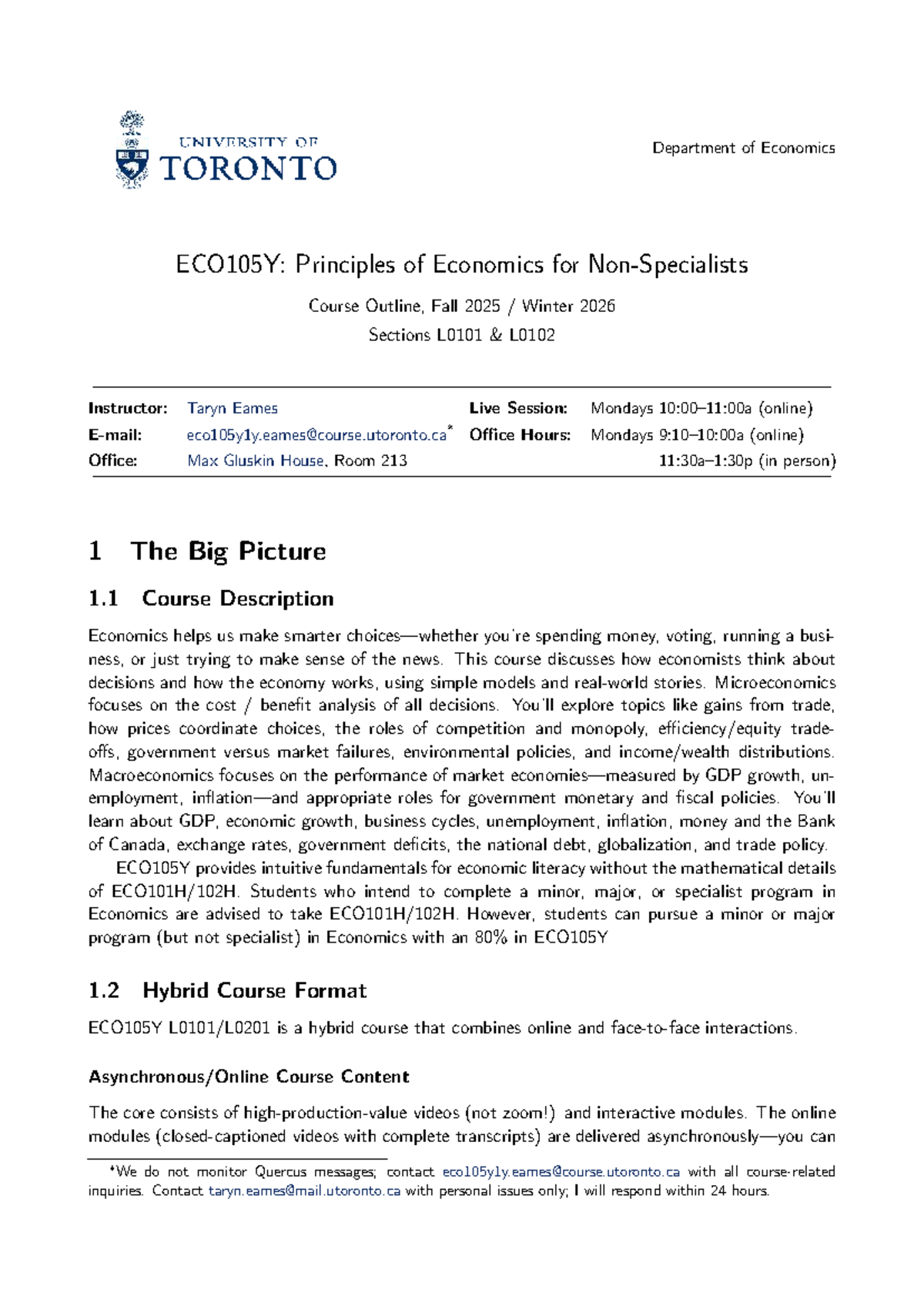 ECO105Y: Principles of Economics Course Outline for Fall 2025/Winter ...