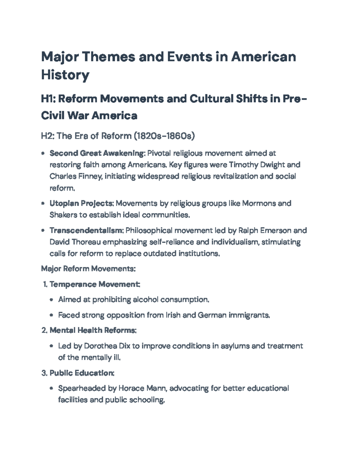 Major Themes in American History: Reform Movements and Social Changes ...