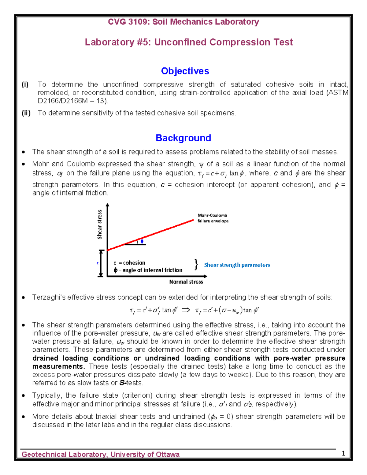 CVG3109 Lab Unconfined Compression Test Guide and Procedure - Studocu