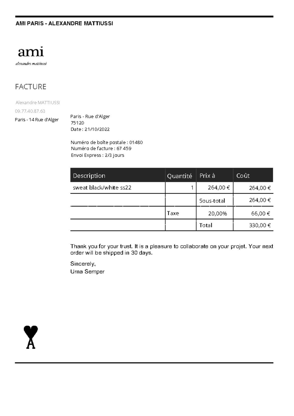 Facture AMI - gratuit et modifiable - AMI PARIS - ALEXANDRE MATTIUSSI FACTURE Alexandre ...