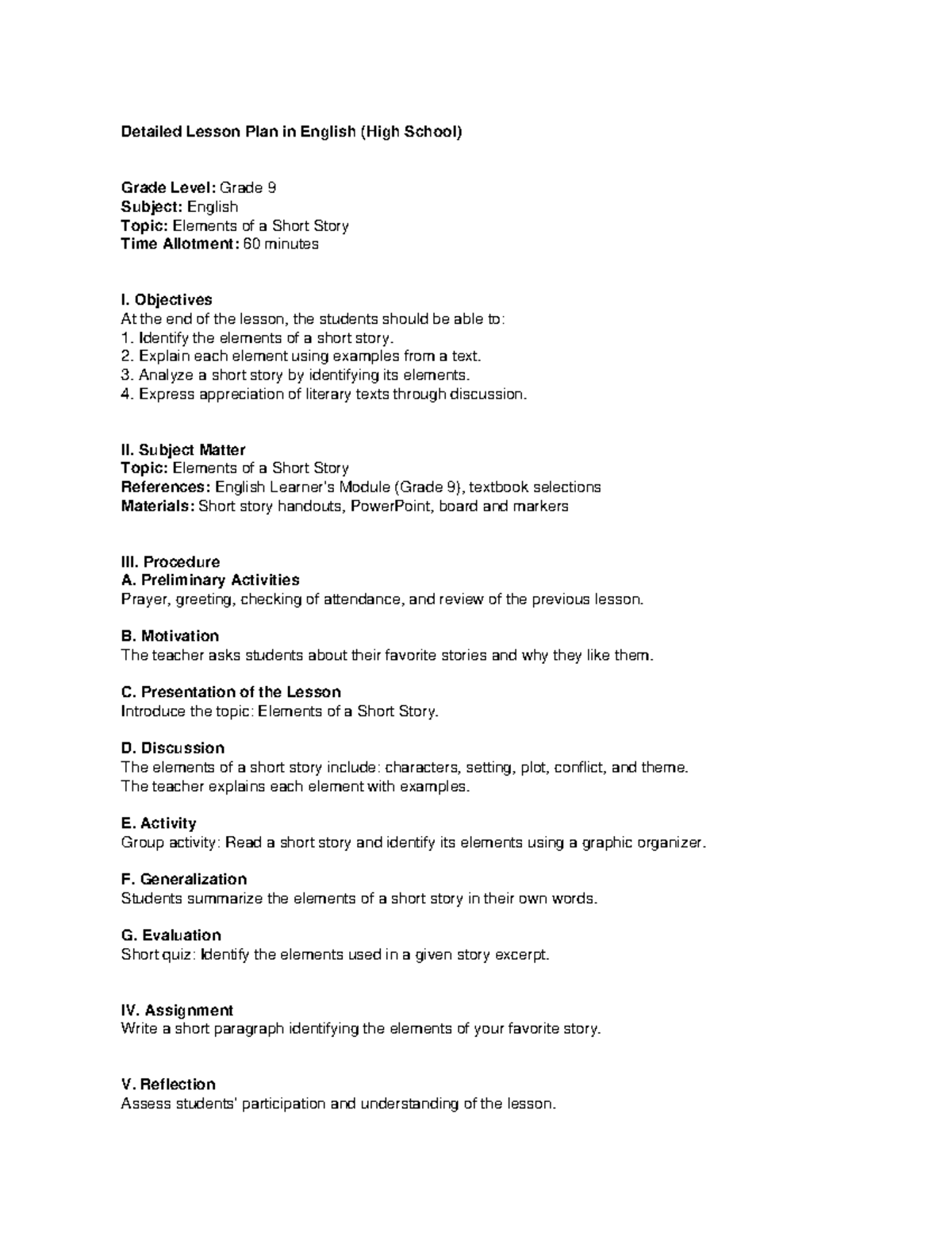 Grade 9 English Lesson Plan: Elements of a Short Story - Studocu