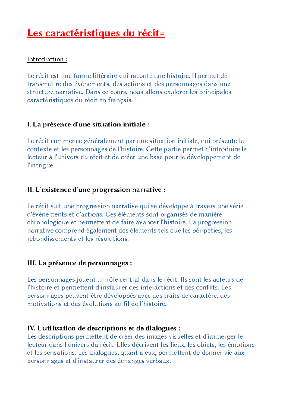 Caractéristiques du récit en français : Une analyse approfondie - Studocu