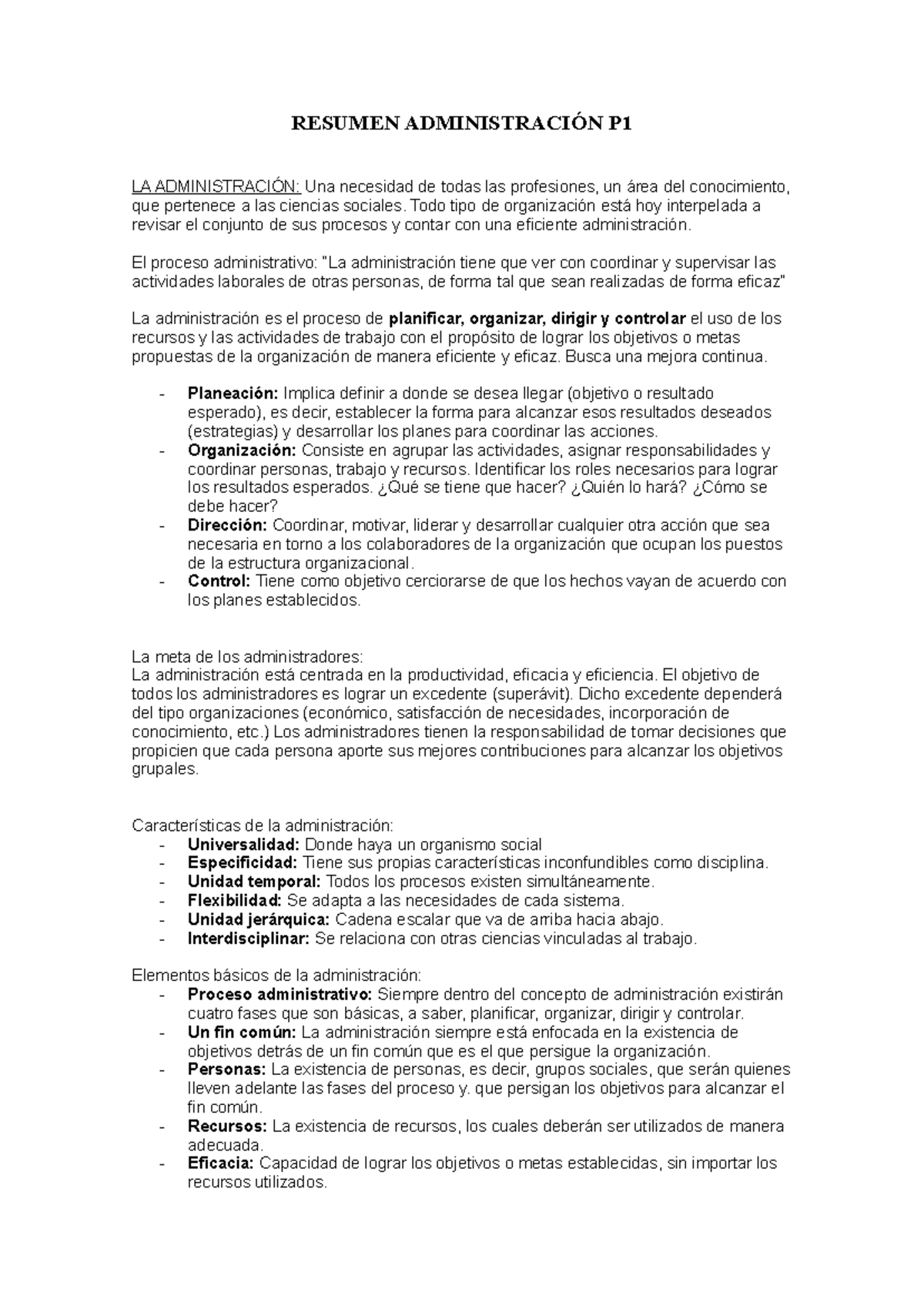Resumen Administración P1: Fundamentos y Proceso Administrativo - Studocu