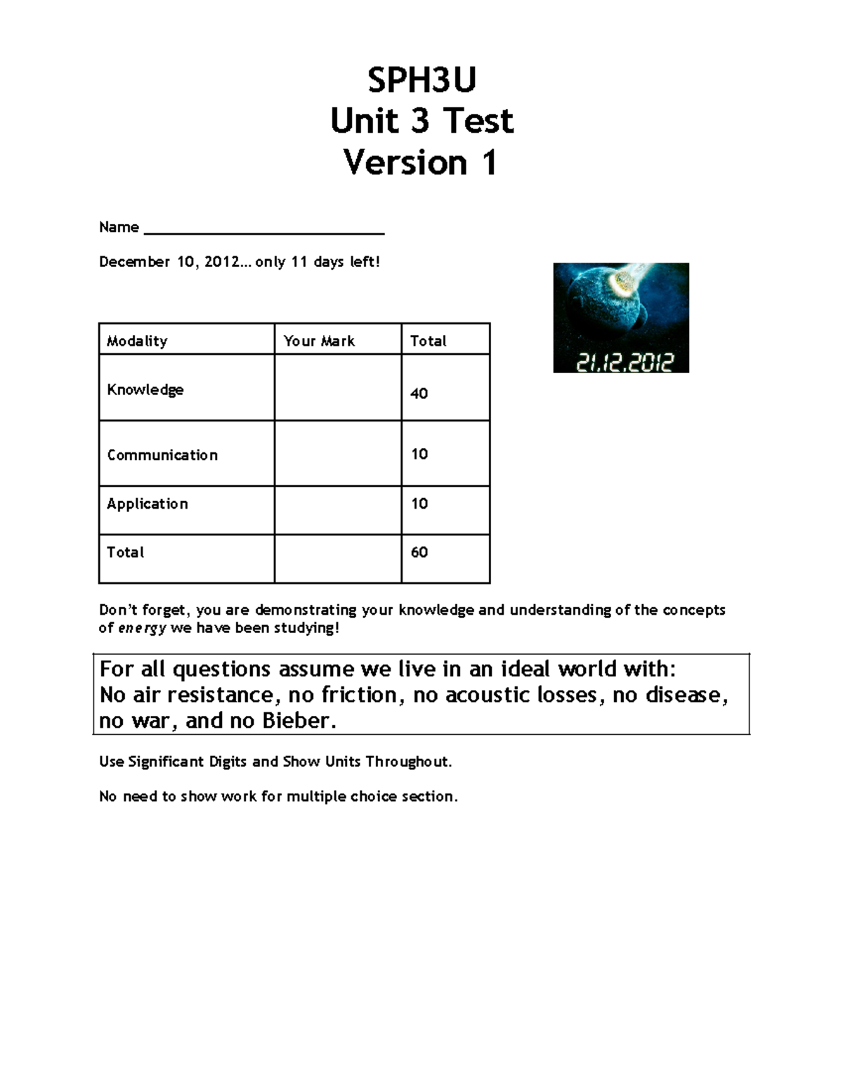 SPH3U Final Exam: Energy Concepts Unit Test Guide - Studocu