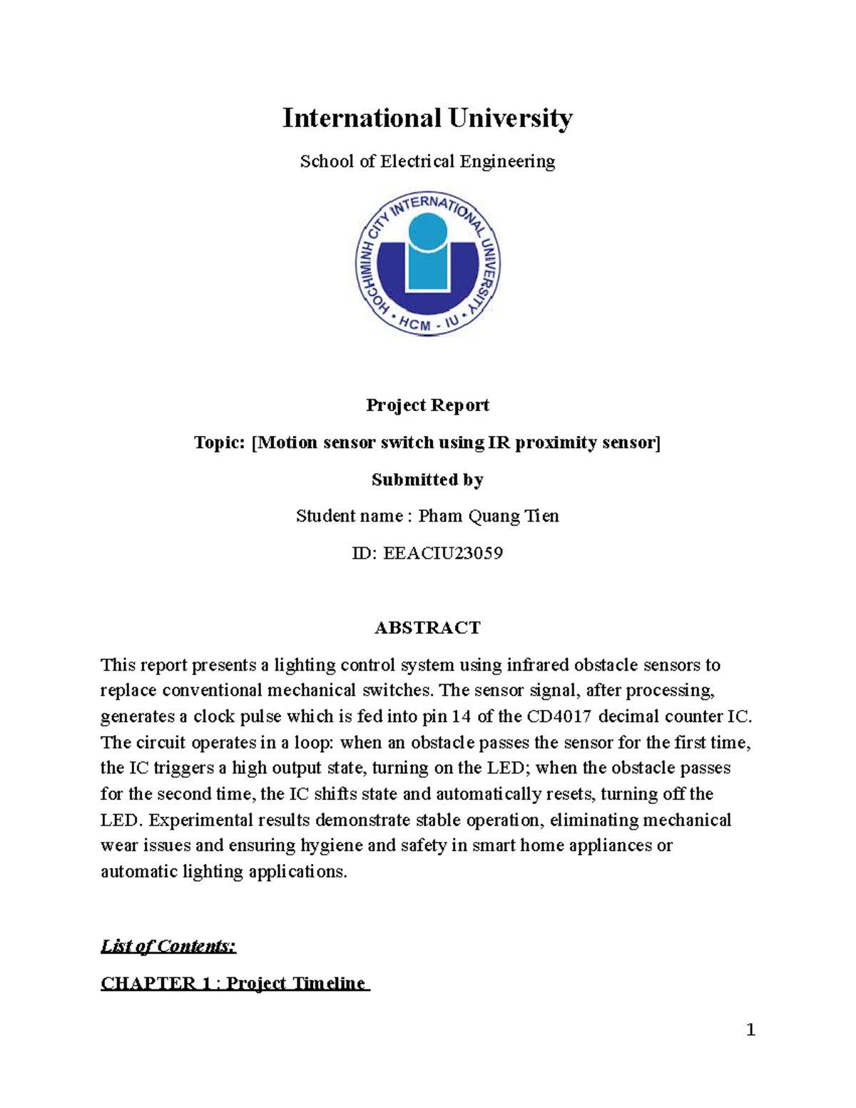 EEACIU23059: Project Report on Motion Sensor Switch Using IR Proximity ...