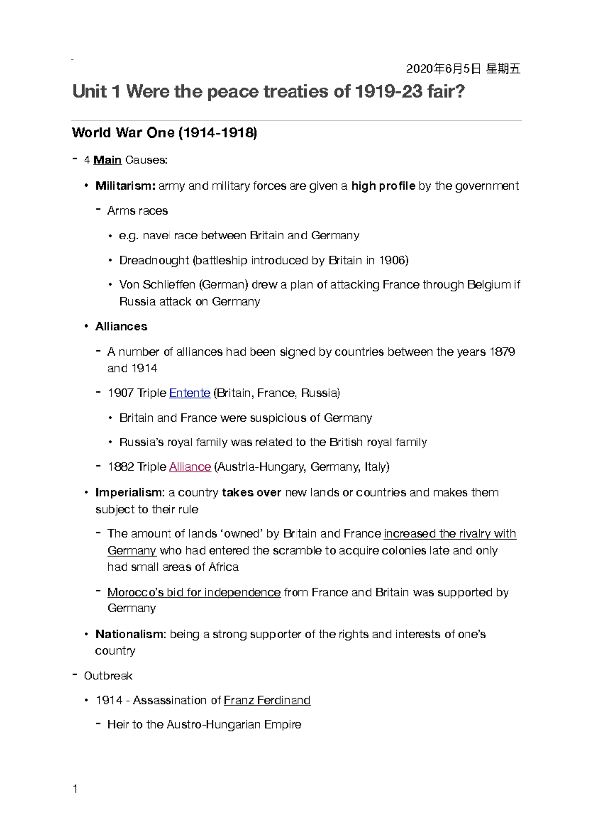 IGCSE History Revision Notes: WWI Peace Treaties & Causes - Studocu