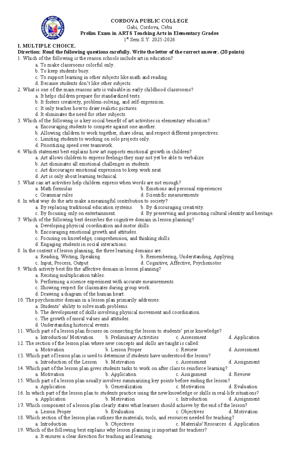 Prelim Exam in ARTS 1st Sem S.Y. - Teaching Arts in Elementary - Studocu