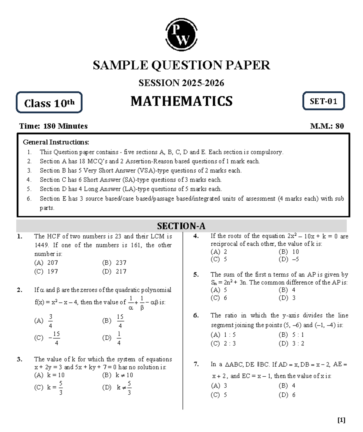 PW Maths Sample Paper 1: Class 10th Mathematics Exam Questions - Studocu
