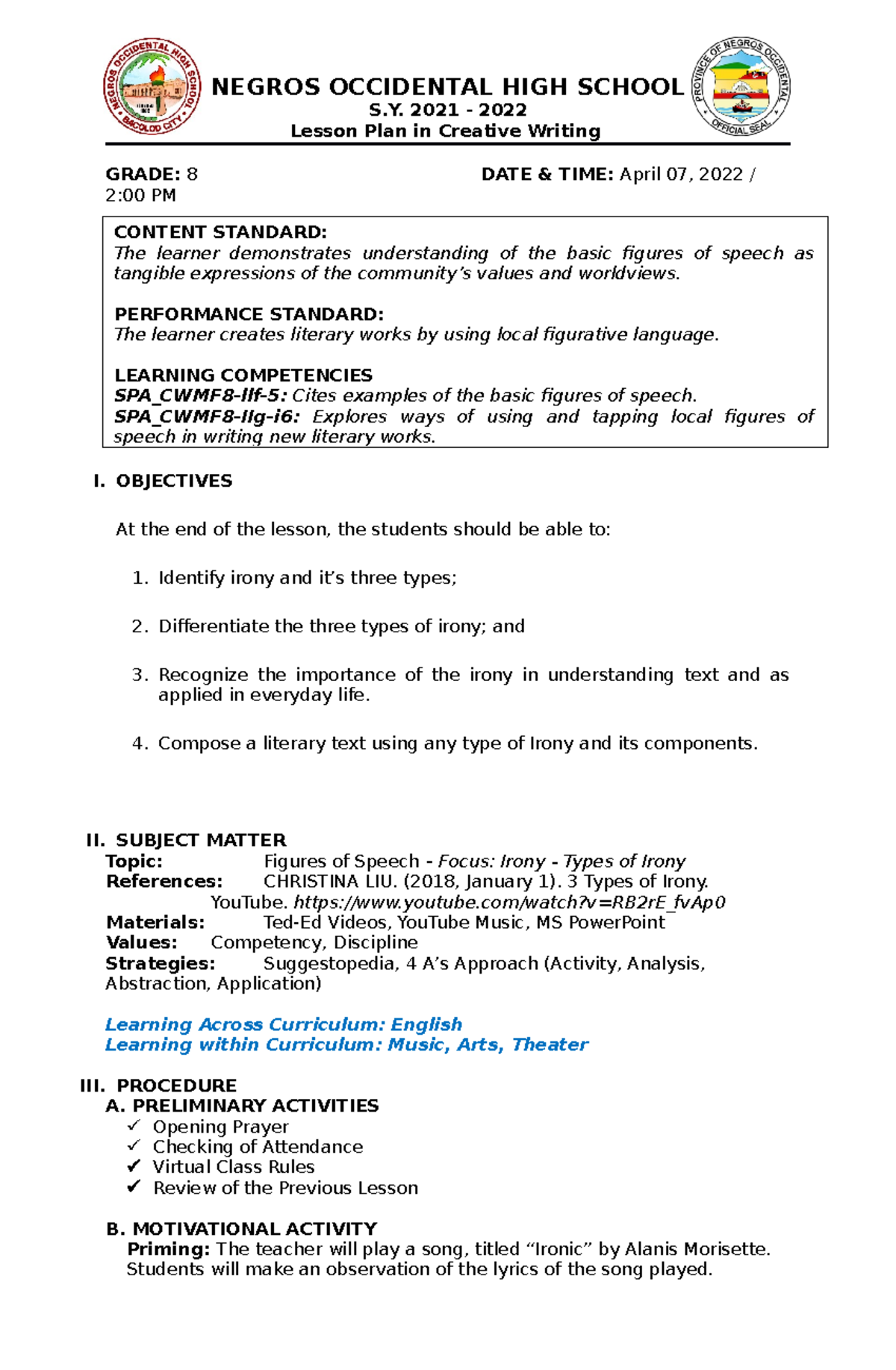 8A's Lesson Plan on Types of Irony in Creative Writing - Studocu