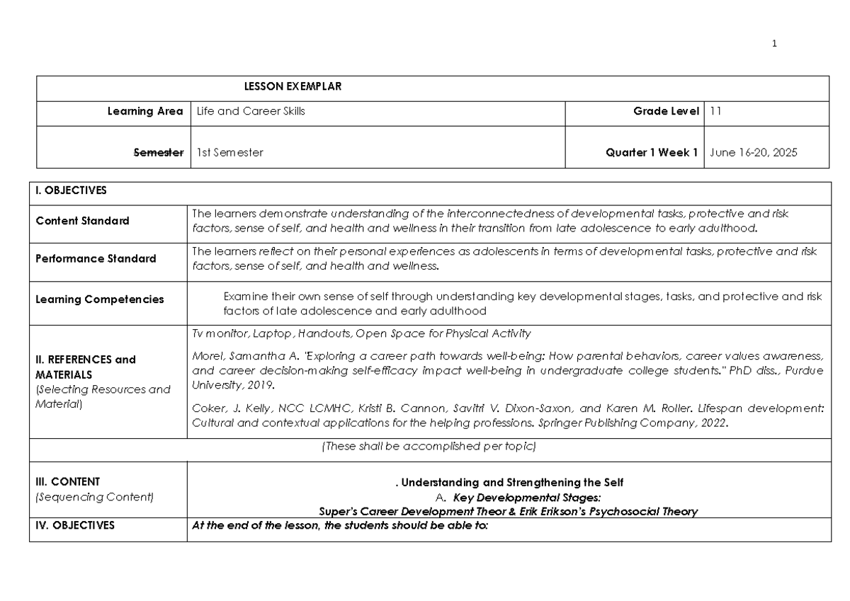 Life & Career Skills Lesson Plan Q1 W1 - Grade 11 - Studocu
