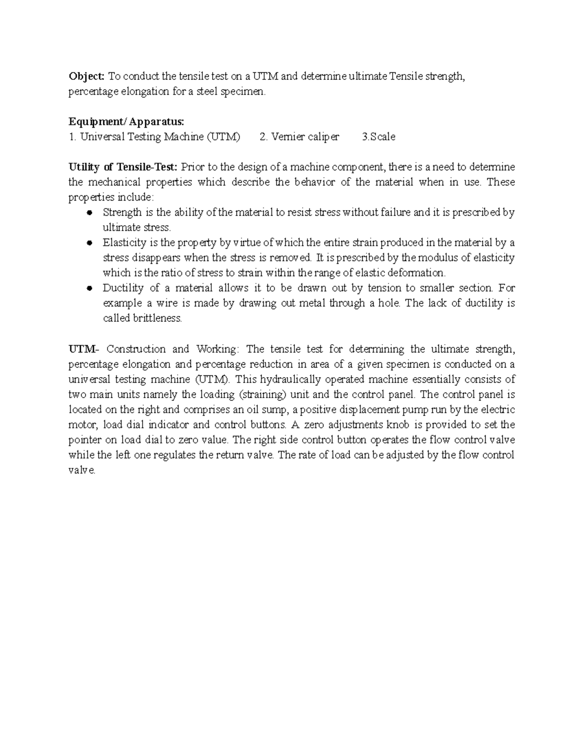 10-UTM - Practical: Tensile Test for Steel Specimen Analysis - Studocu