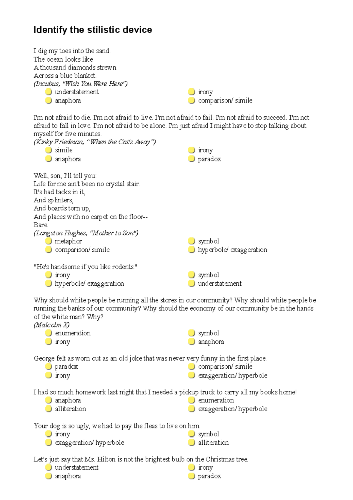 Uebungsblatt on Stylistic Devices: Identifying Literary Techniques ...