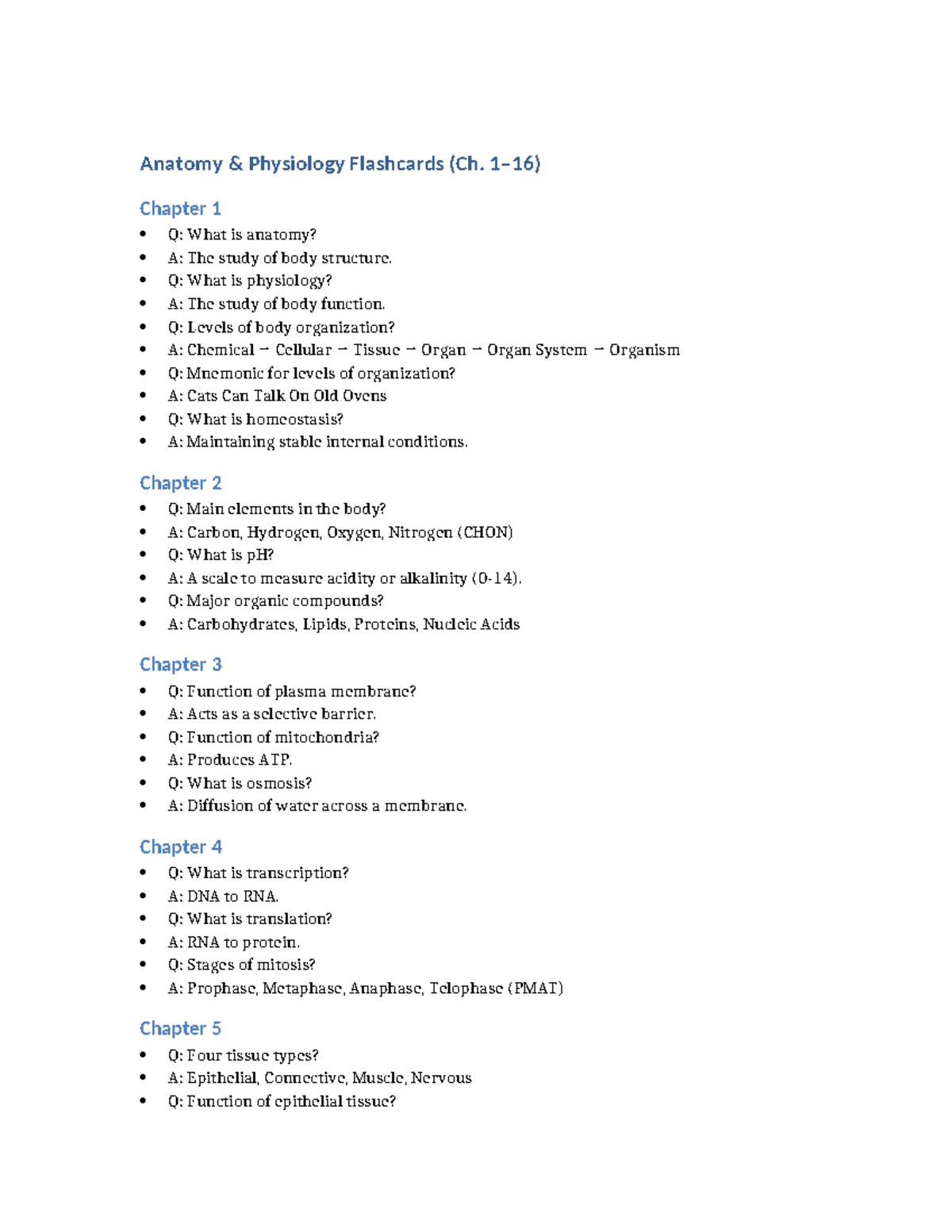 Anatomy & Physiology Flashcards: Key Concepts (Ch. 1-16) - Studocu