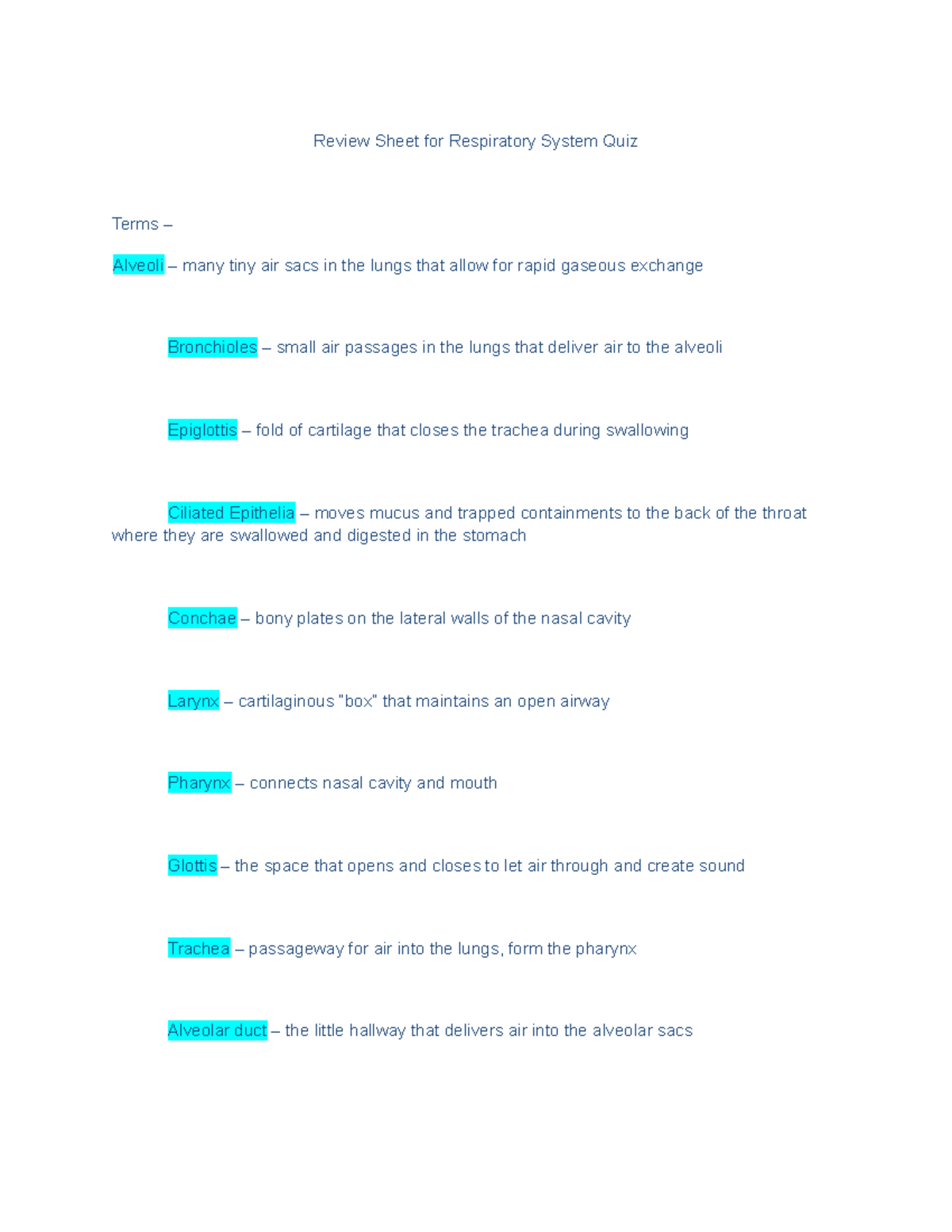Respiratory System Quiz Review Sheet: Key Terms & Concepts - Studocu