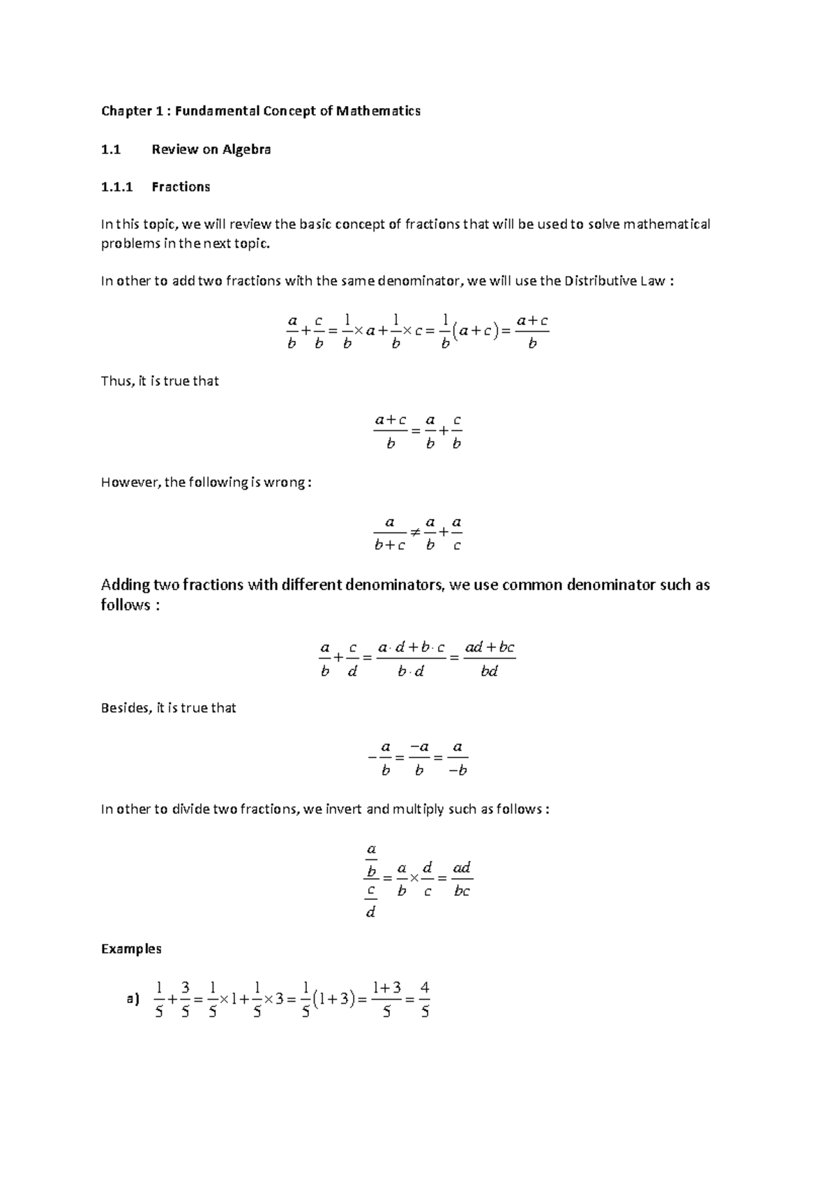 Chapter 1: Fundamental Concepts of Math 1.1 - Review on Algebra - Studocu