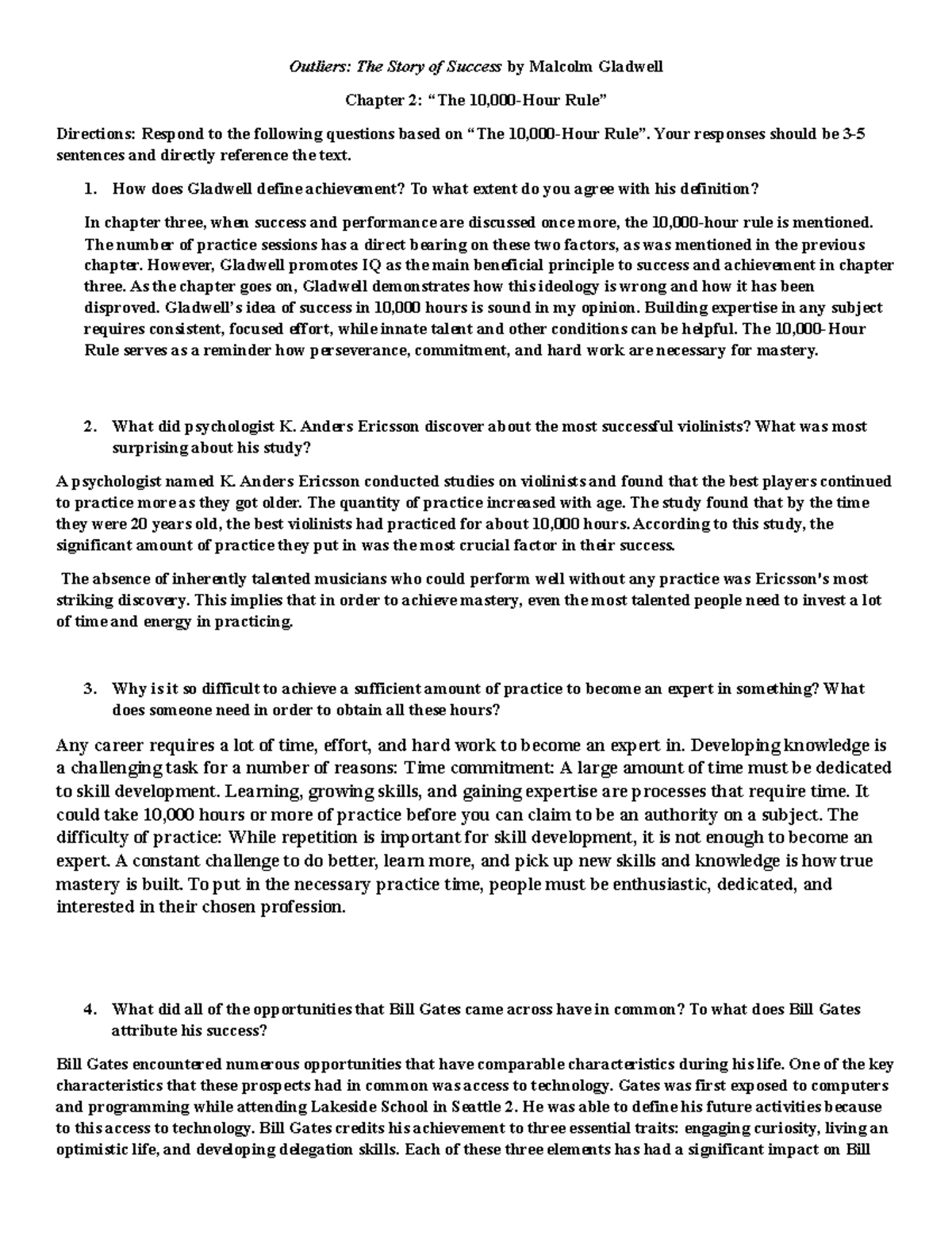 10,000 Hour Rule Assignment: Insights from Gladwell's Outliers - Studocu