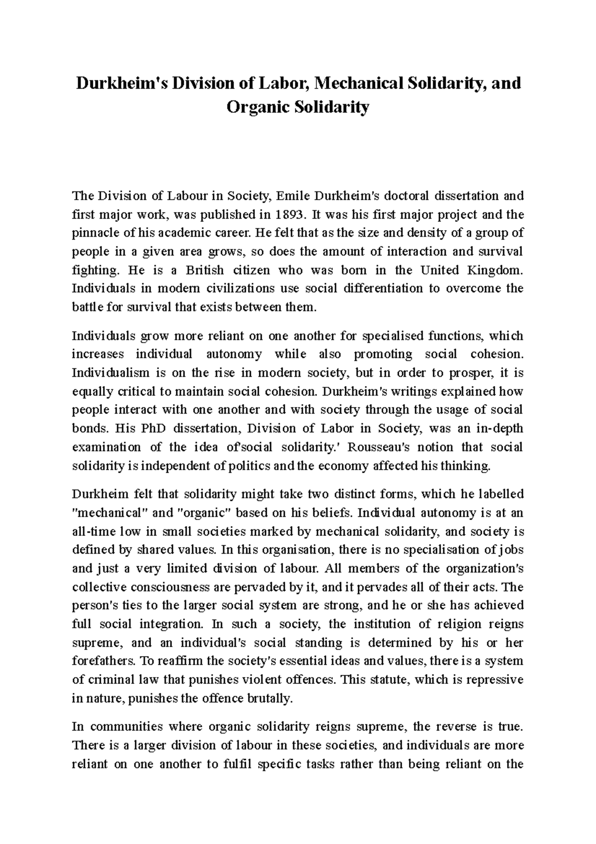Durkheim's Division of Labor: Mechanical vs. Organic Solidarity ...