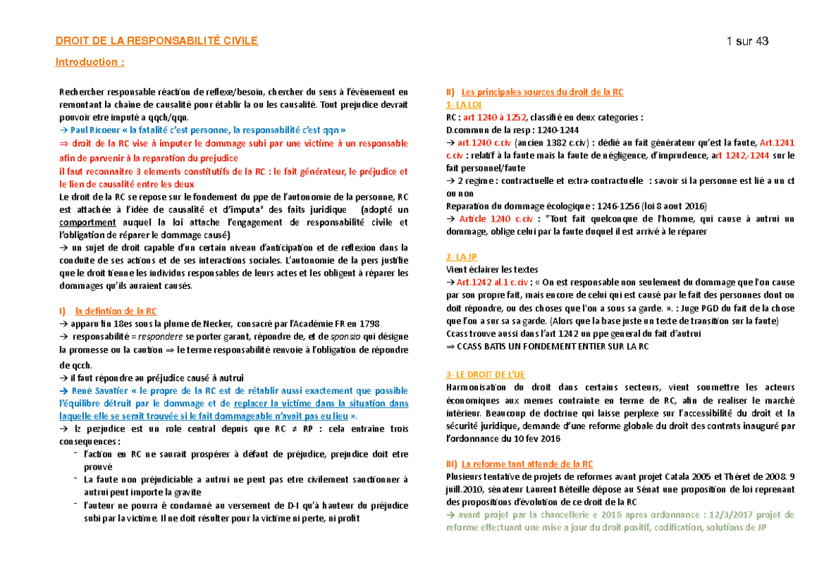 Fiche de Révision : DROIT DE LA RESPONSABILITÉ CIVILE (RC) - Cours 1 - Studocu
