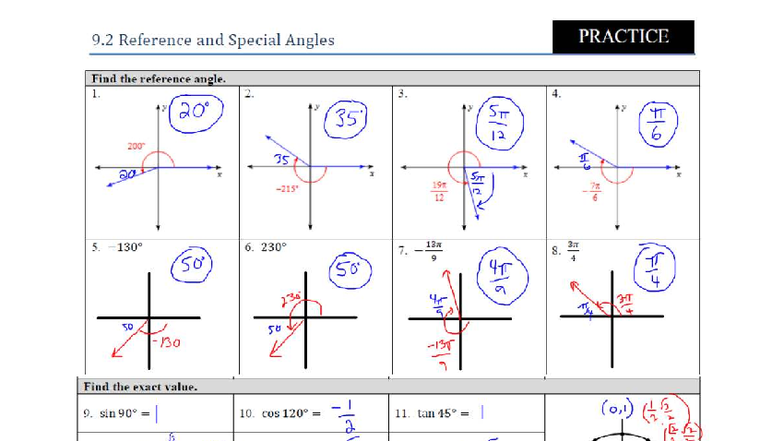 9.2 Homework - KEY on Reference & Special Angles Calculations - Studocu