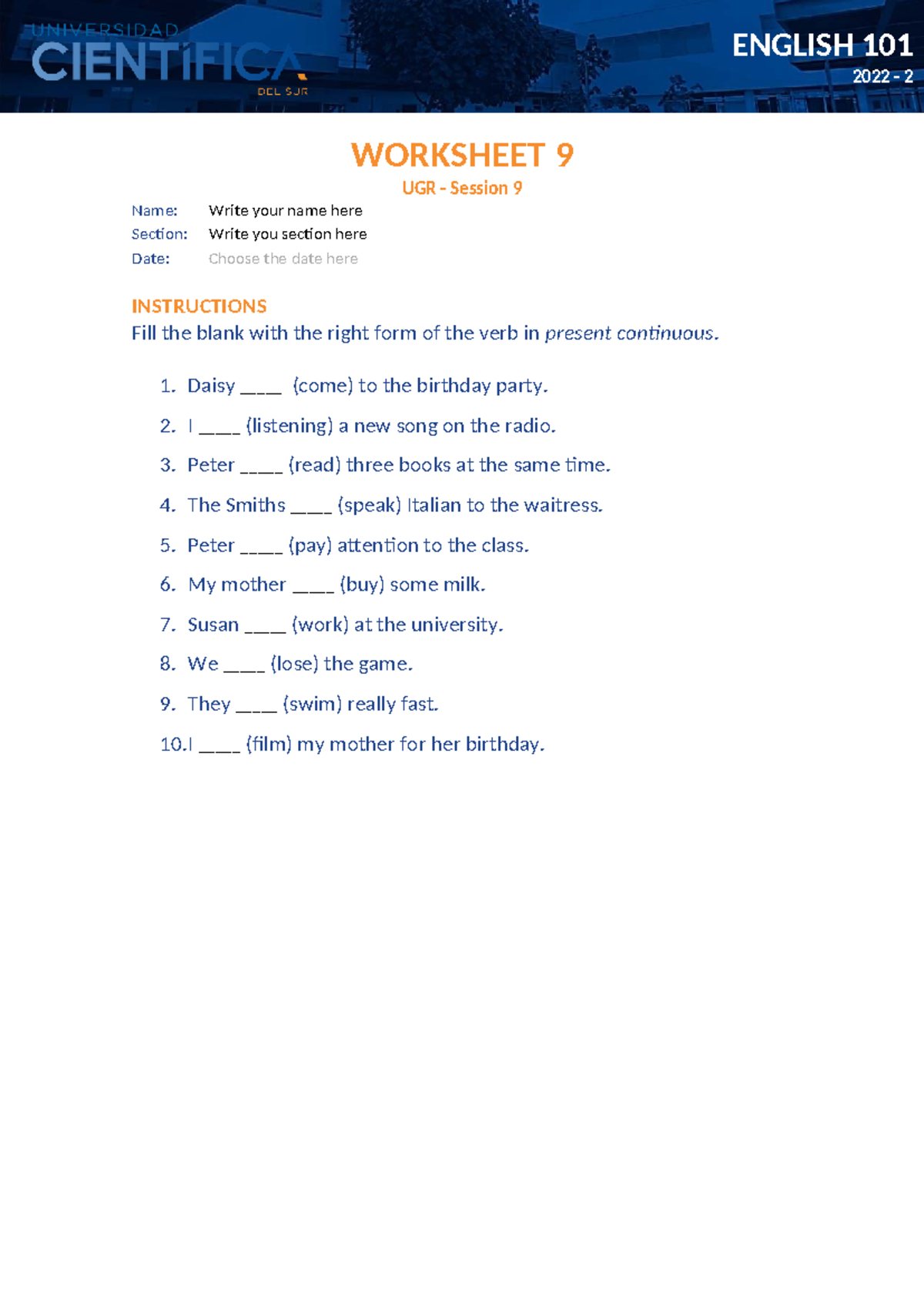 ENGL 101 Worksheet 9 - Present Continuous Verb Forms - Studocu