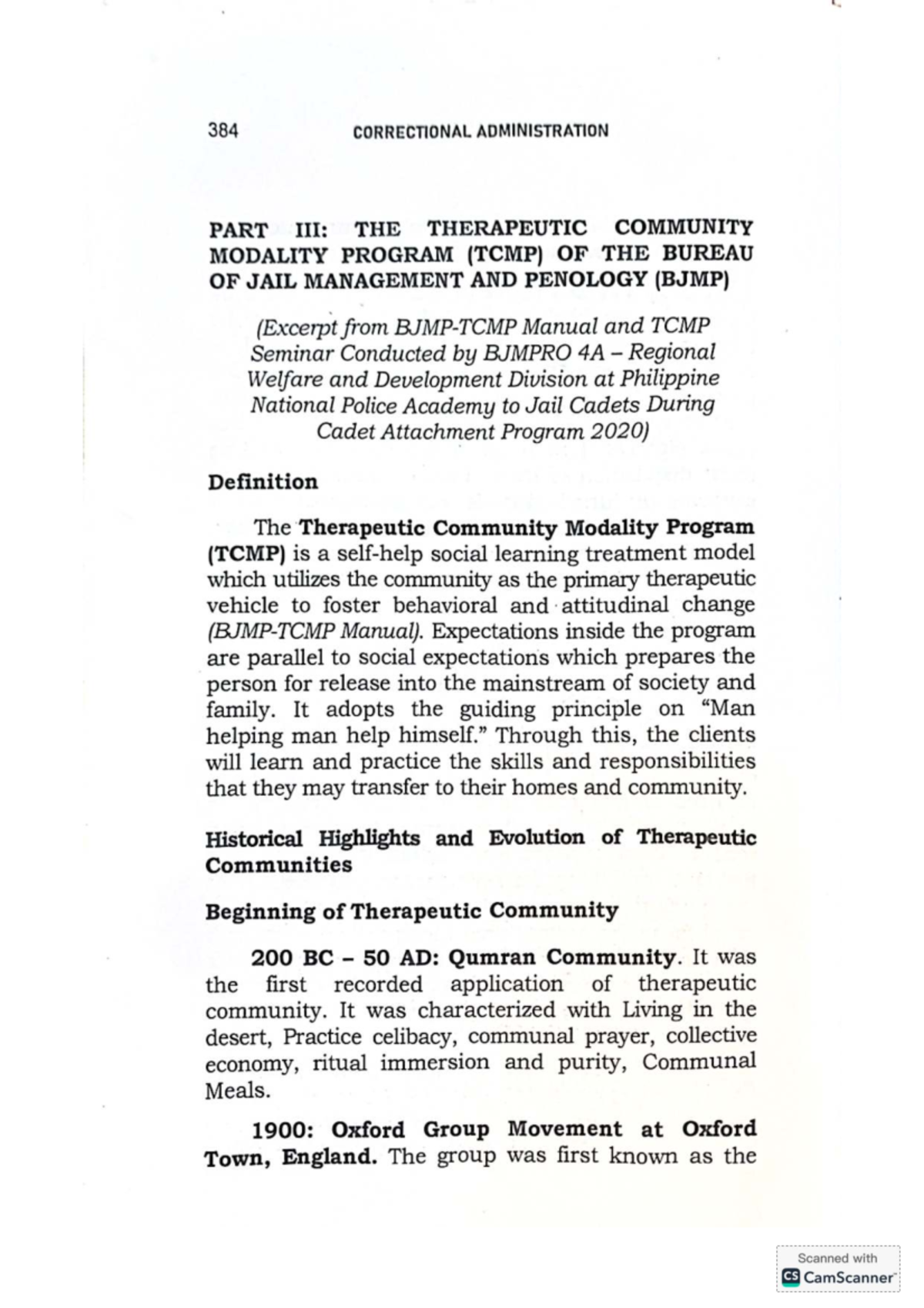 384 CORRECTIONAL ADMINISTRATION: Therapeutic Community Modality Program ...