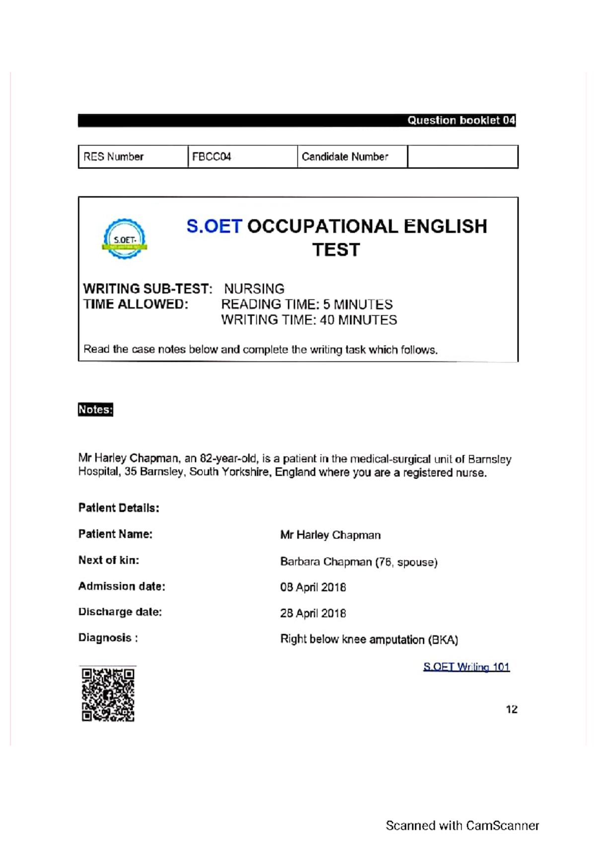 OET Writing Task: Case Study of Mr. Harley Chapman (FBCC04) - Studocu