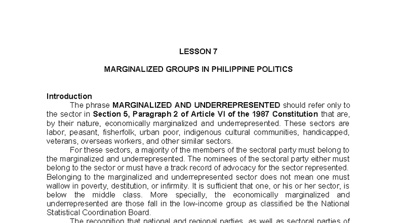 LESSON 7: MARGINALIZED GROUPS IN PHILIPPINE POLITICS - Studocu